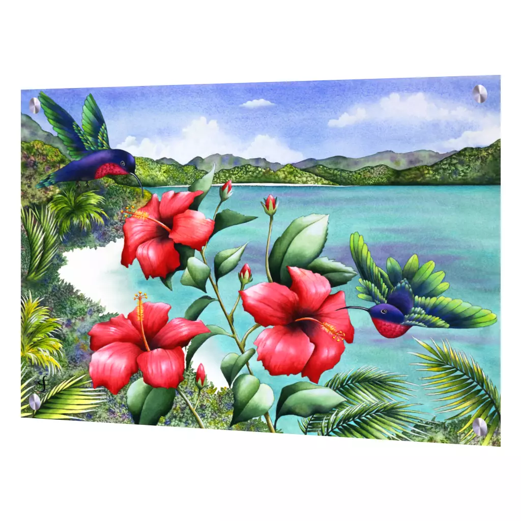 Hummingbird art for glass tiles-Hibiscus Hummers-Art Glass Backsplash