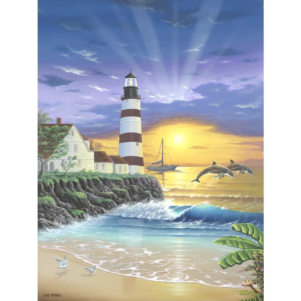 Tile art with lighthouses-Dolphin Lighthouse-Tile Mural