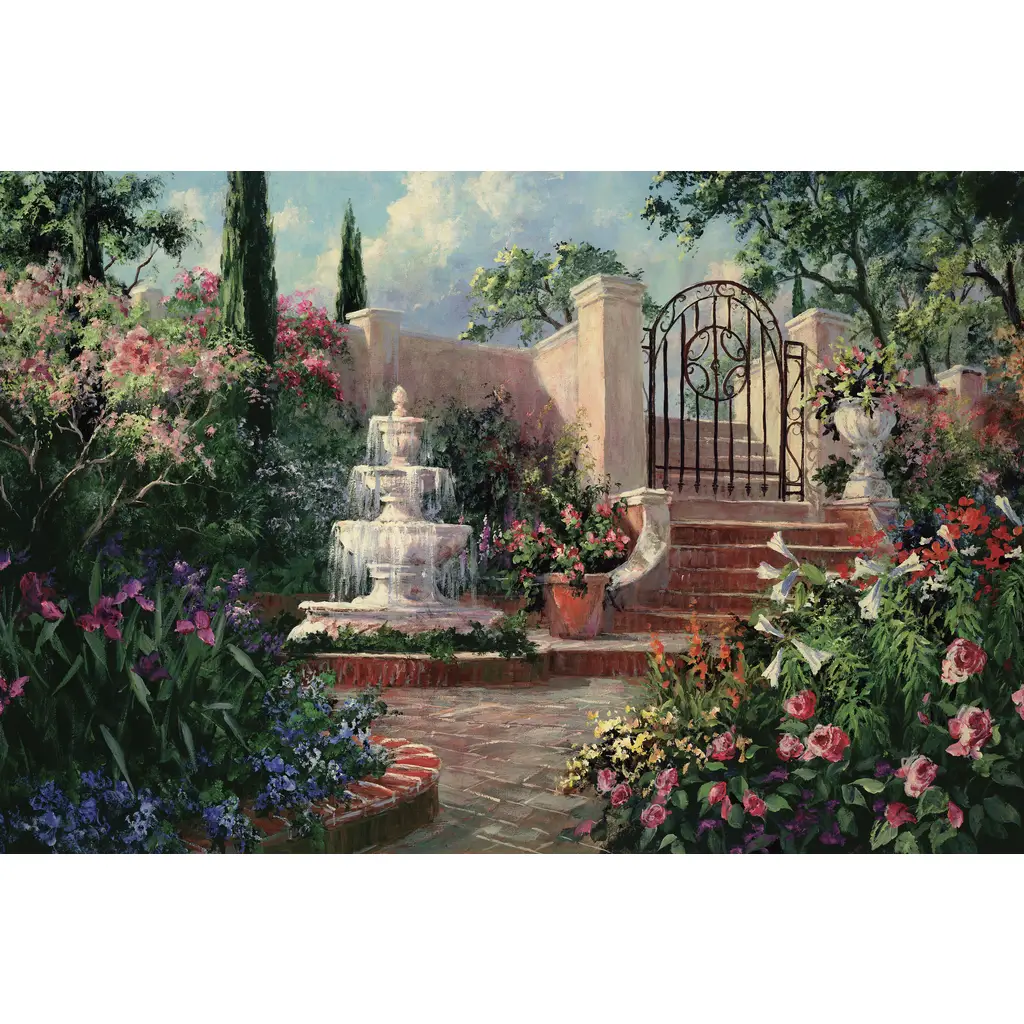 Garden scene tile art-Fountain Garden-Tile Mural