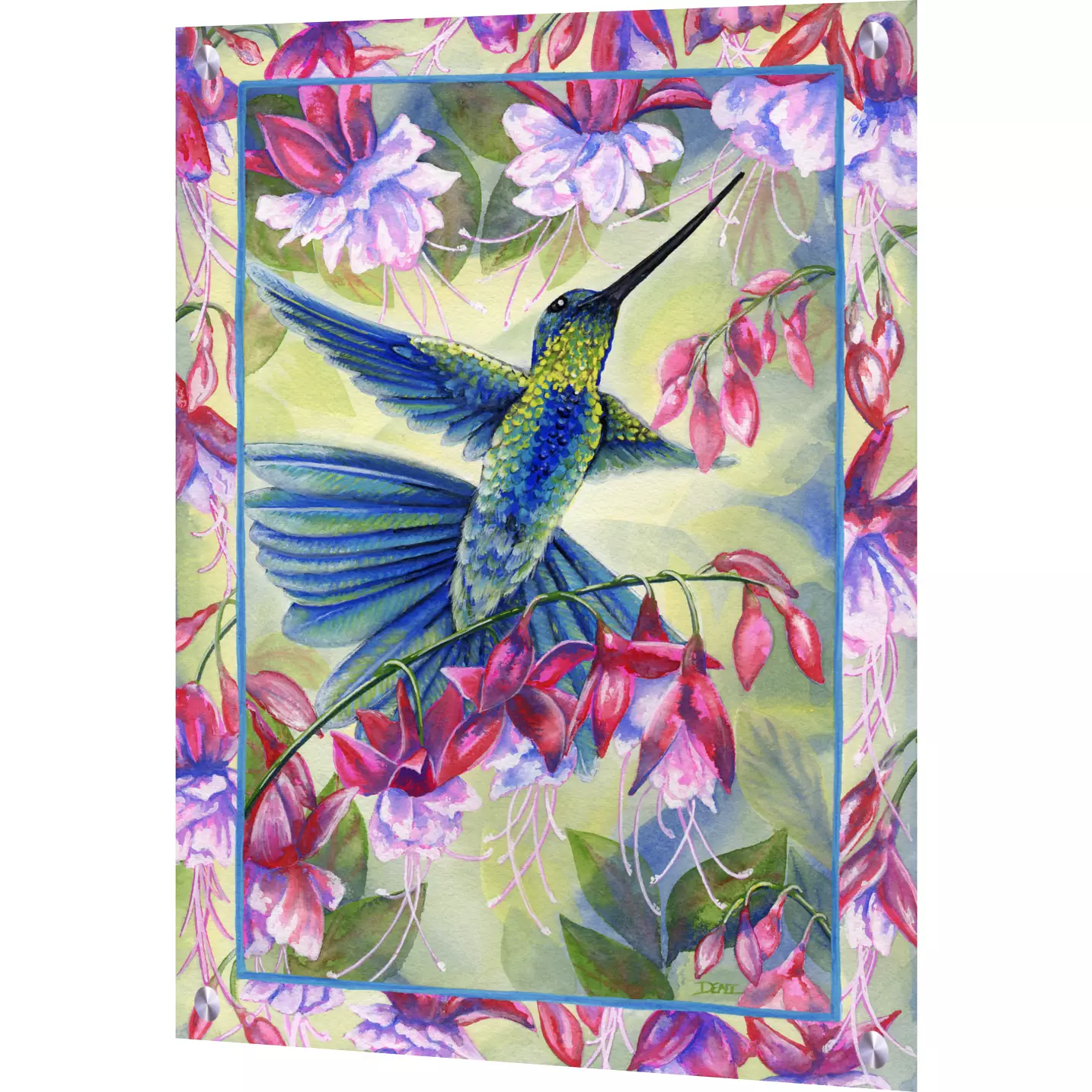 Hummingbird art for glass tiles-Fuchsias Flight-Art Glass Backsplash