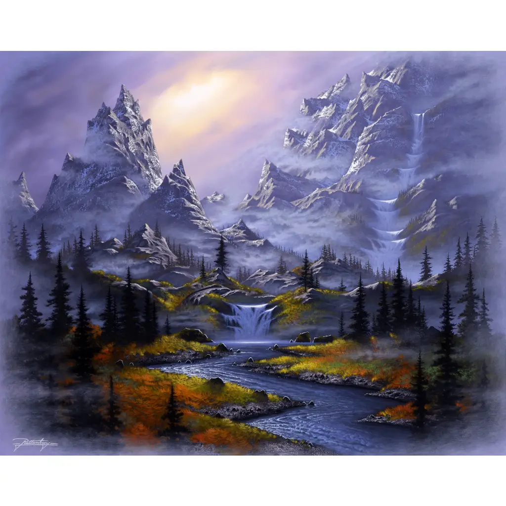 Woodland scene art on tile-Misty Mountain Dream-Tile Mural