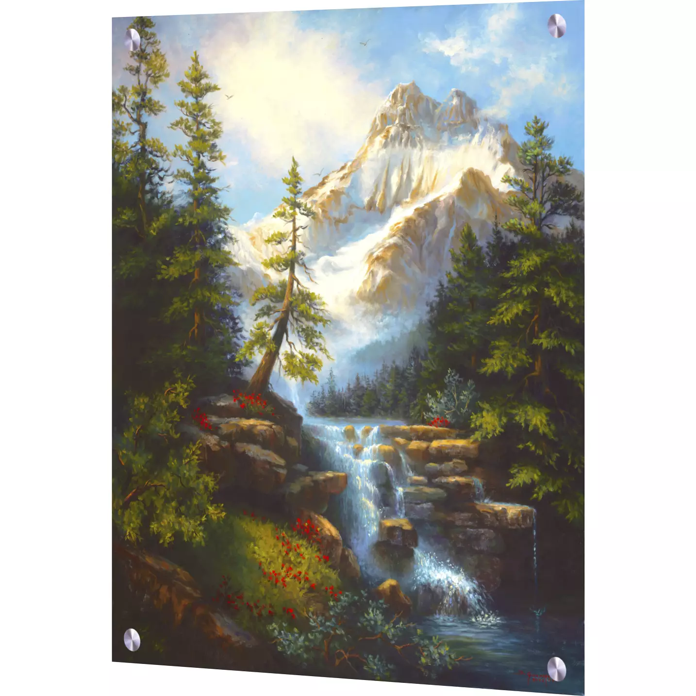 Woodland scene art on glass-Purgatory Falls-Art Glass Backsplash