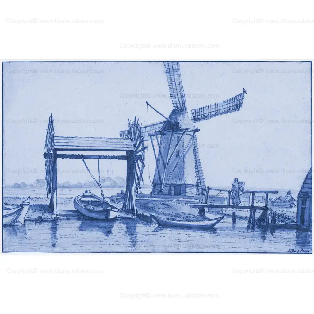 Delft Tile Mural - Windmill And Fishing Boats Outside Amsterdam - 1667 ...