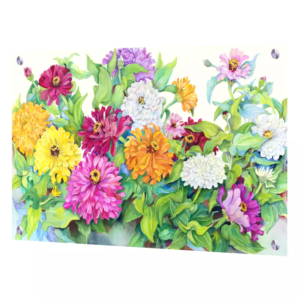 Flowers on glass tile-Festive Zinnias-Art Glass Backsplash