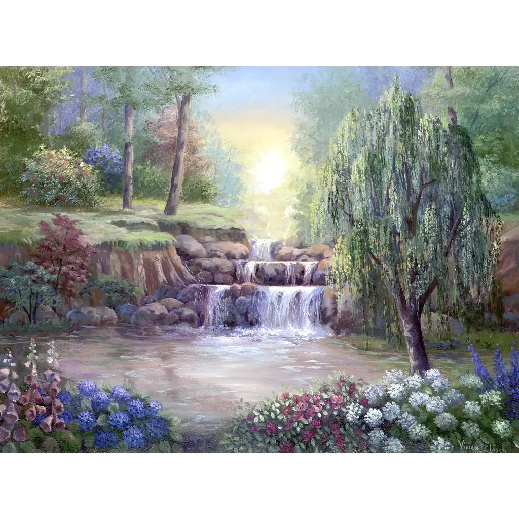 Garden scene tile art-Hidden Waterfall II-Tile Mural